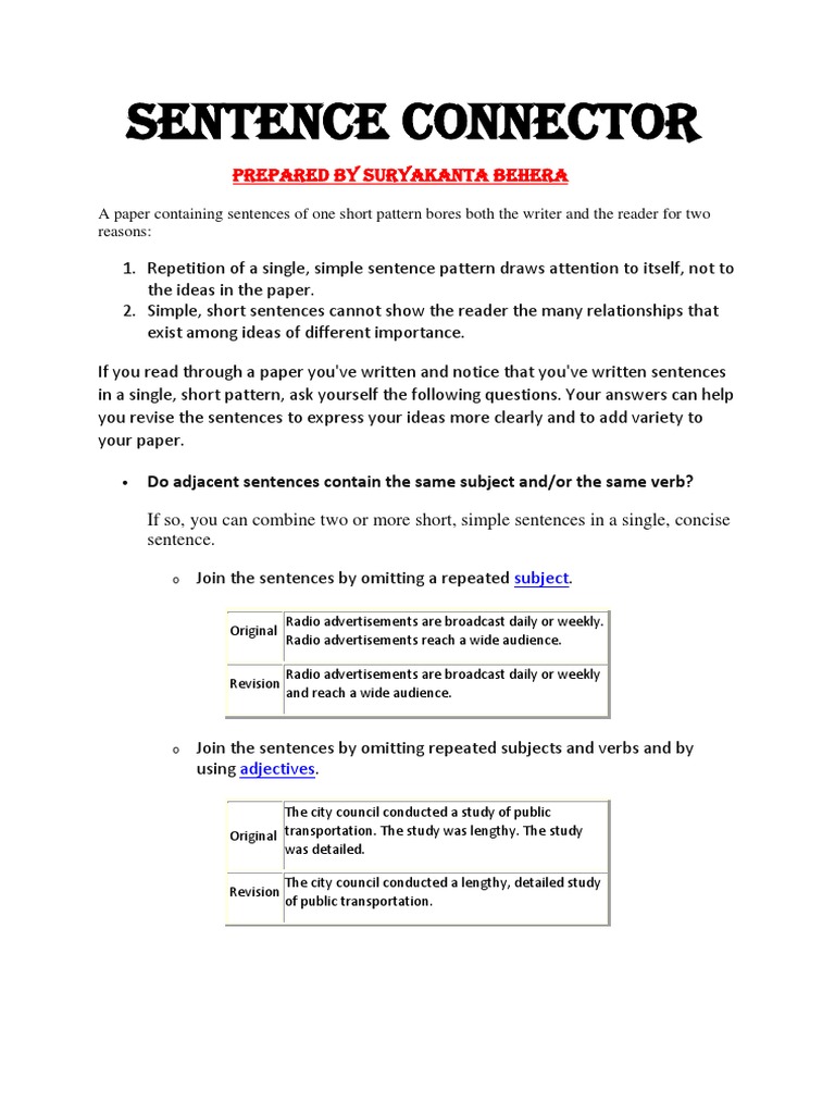Sentence Connector | PDF | Sentence (Linguistics) | Subject (Grammar)