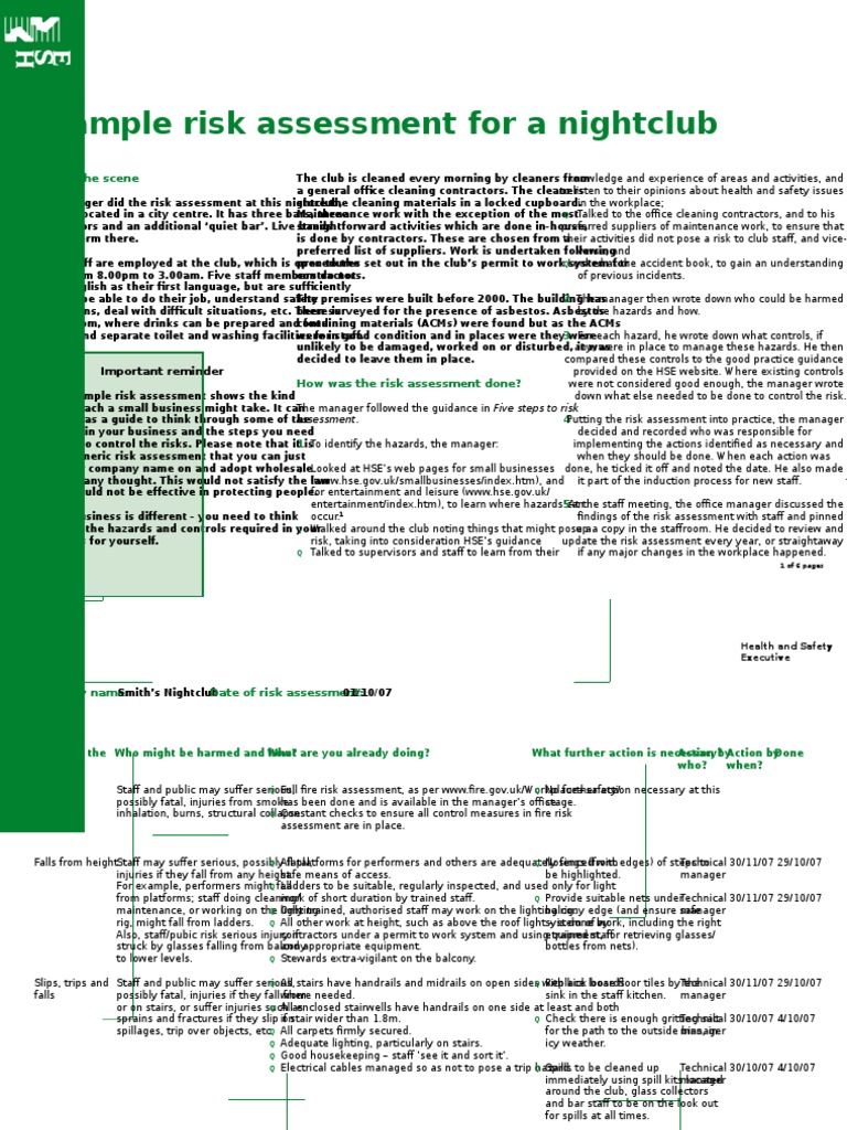 Nightclub Risk Assessment Example | PDF | Risk Assessment | Hazards
