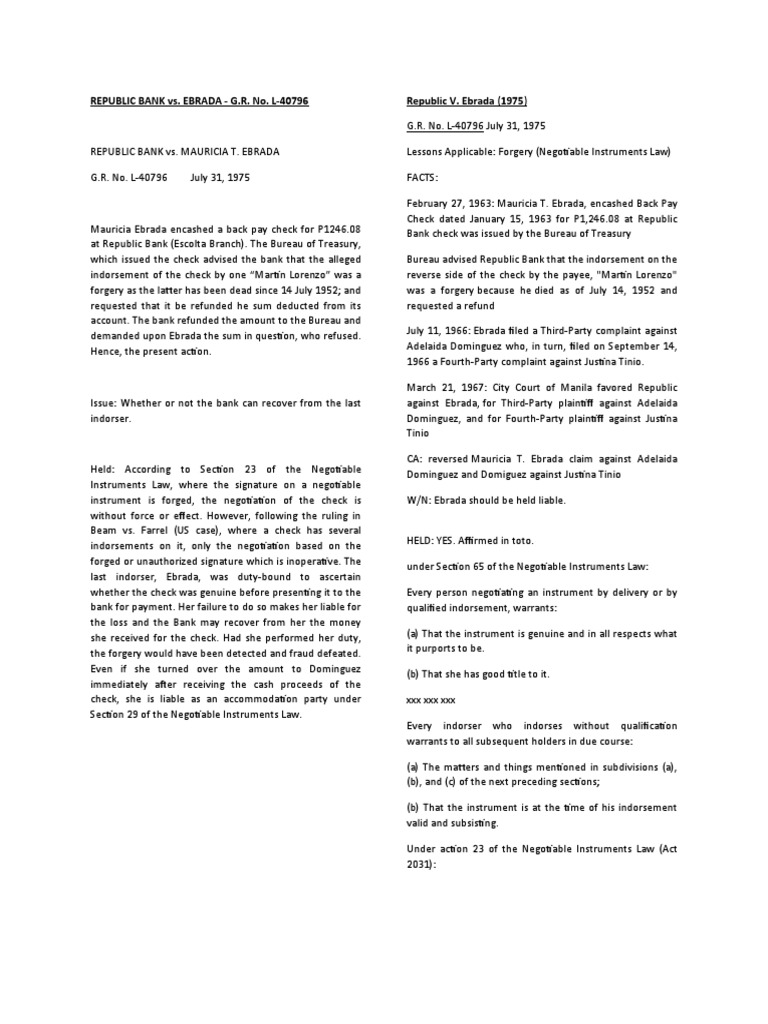Republic V Ebrada | PDF | Negotiable Instrument | Forgery