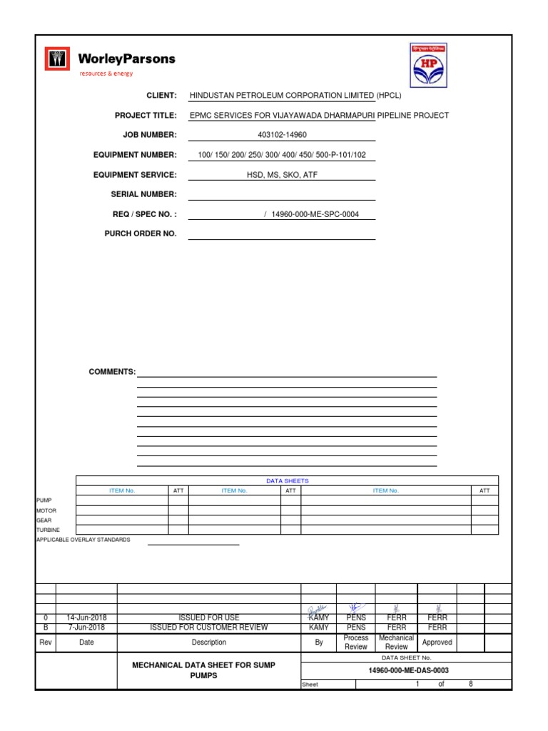Mechanical Data Sheet for Sump Pumps | PDF | Pump | Bearing (Mechanical)