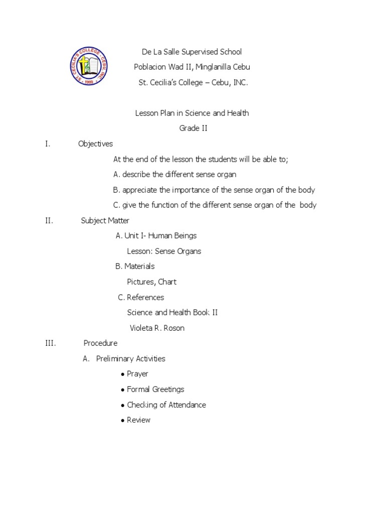 Lesson Plan in Science.. Sense Organs | PDF | Senses ...