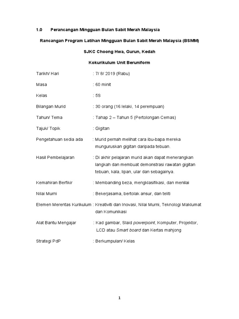 Rancangan Program Latihan Mingguan Bulan Sabit Merah Malaysia | PDF