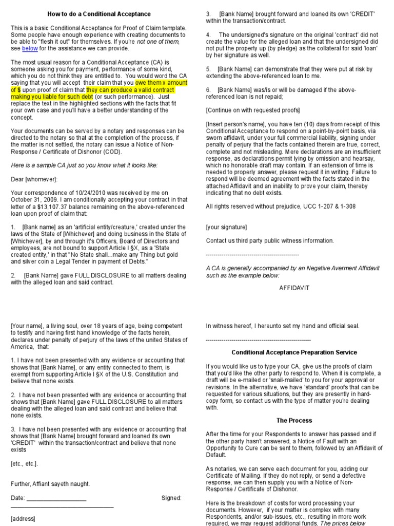 Conditional Acceptance Guide | PDF | Affidavit | Notary Public