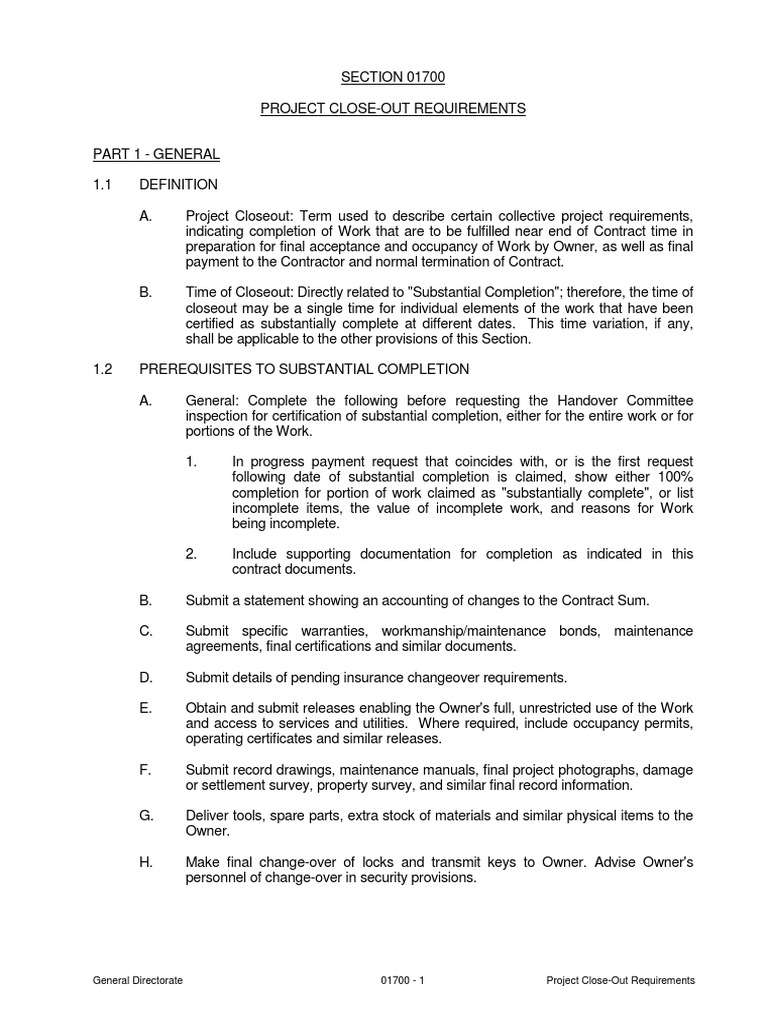 Project Close Out Requirements | PDF | Specification (Technical ...