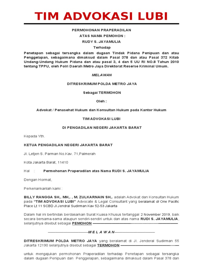 PERMOHONAN - PRAPERADILAN. Perbaikan Pak Rudy | PDF