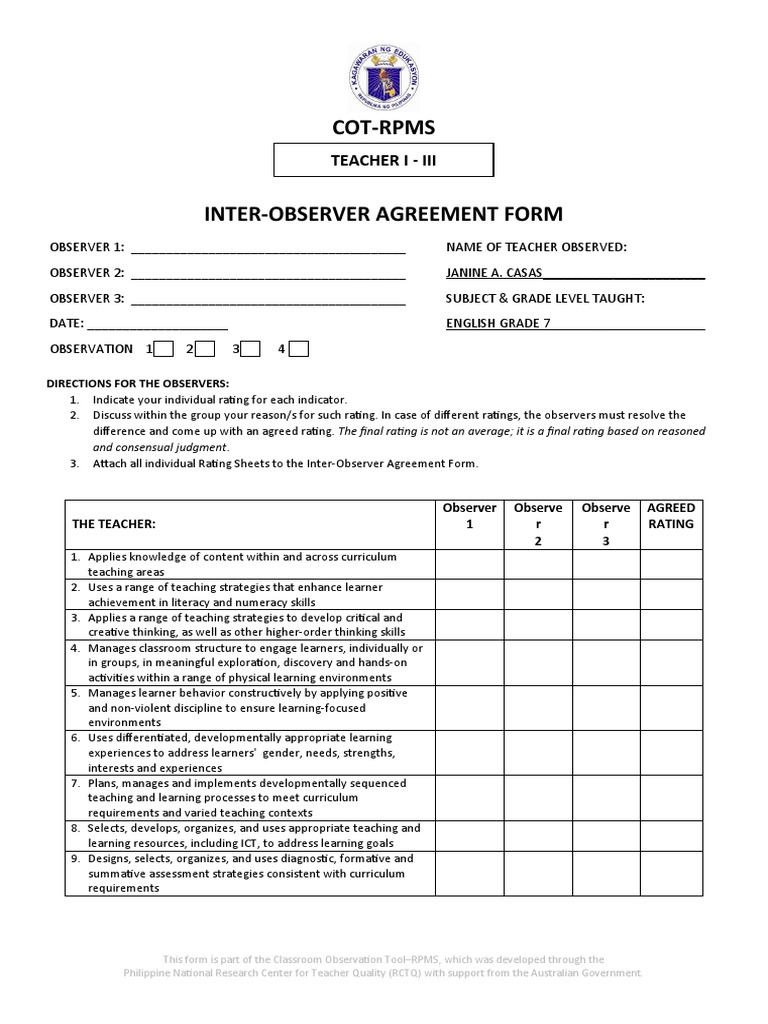 Inter Observer Agreement Form - Teacher I III 051018 | PDF | Curriculum ...