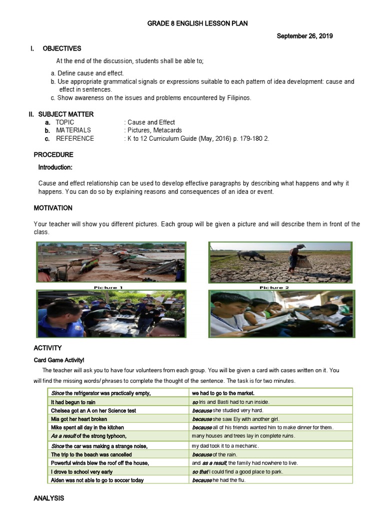 Grade 8 English Lesson on Cause and Effect | PDF | Causality | Teachers