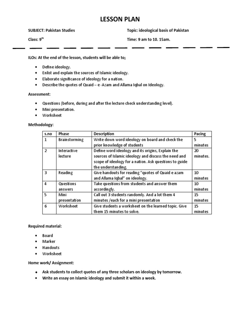 Lesson Plan 1 - Topic - Ideological Basis of Pakistan | PDF