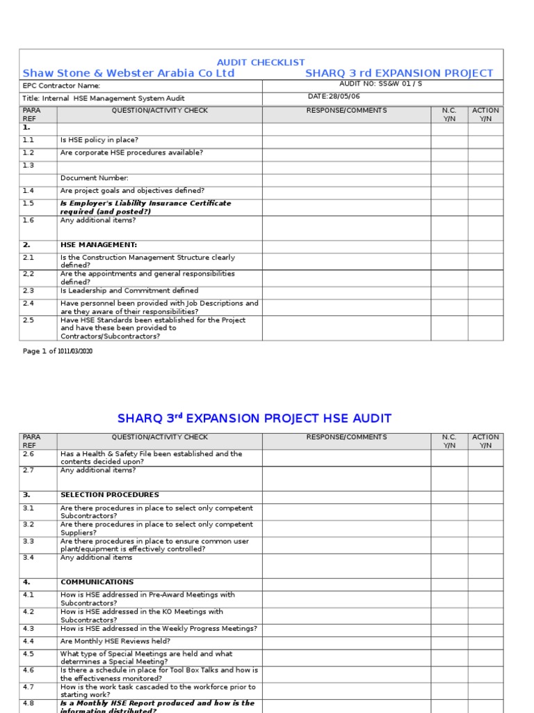 SHARQ HSE Audit Checklist | Download Free PDF | Emergency | Risk Assessment