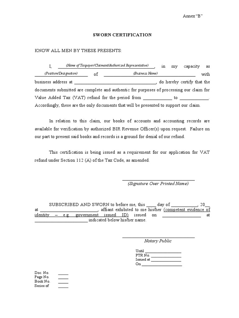 Annex B - Sworn Certification | PDF