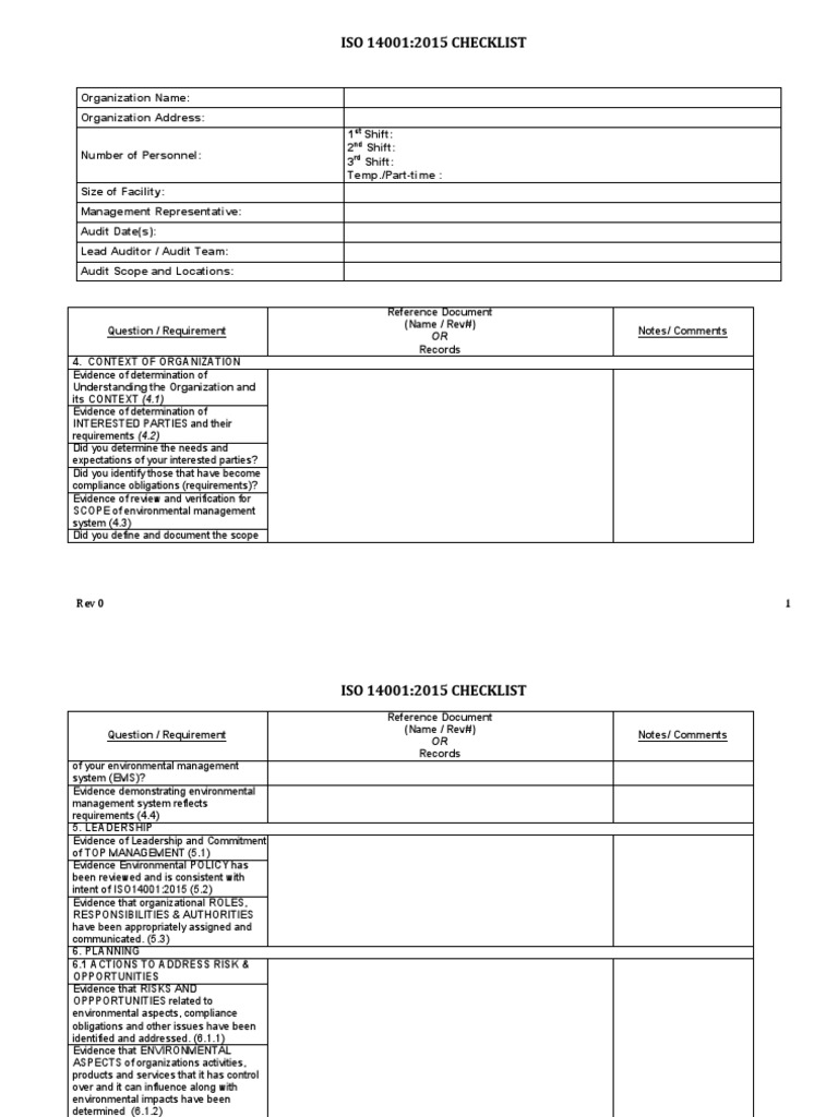 ISO 14001:2015 Environmental Management System Audit Checklist: An ...