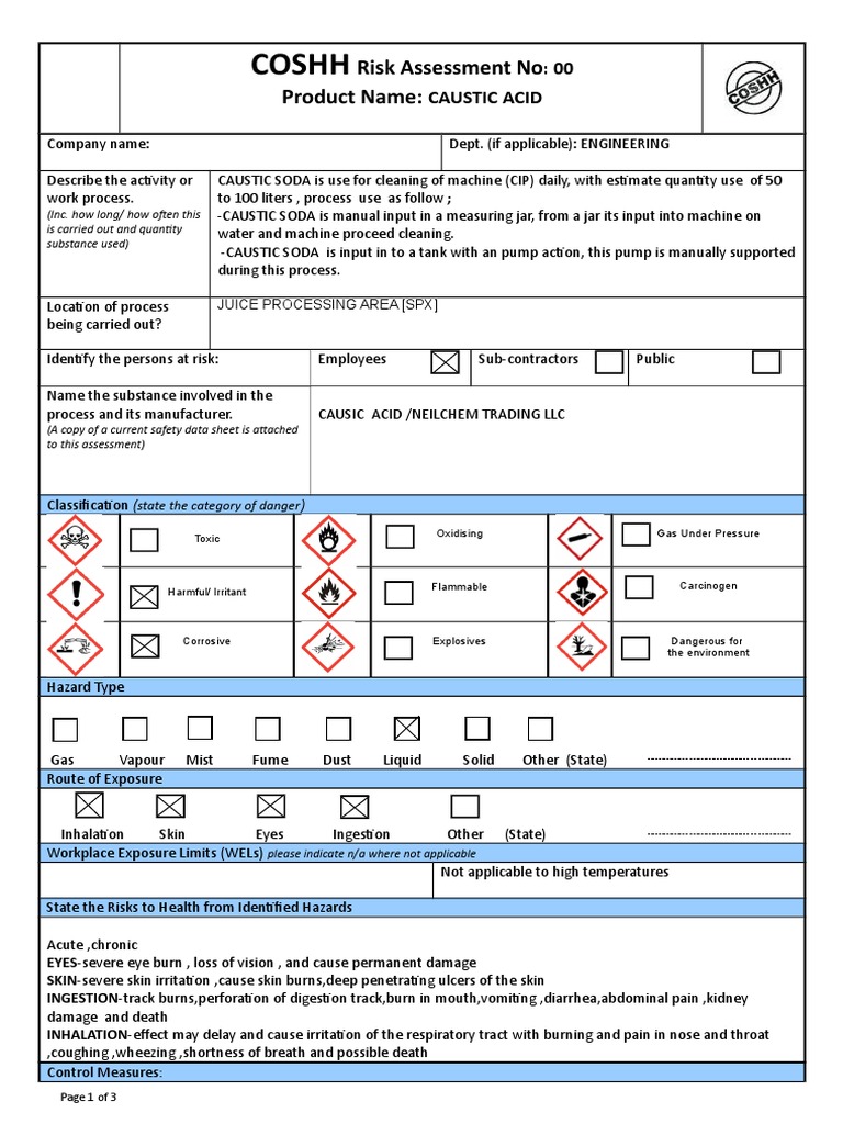 Causic Acid Coshh Ra | PDF | Sodium Hydroxide | Personal Protective ...