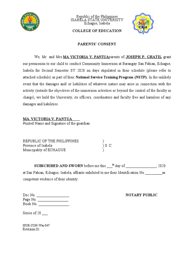 NSTP 2 Parents Consent | PDF | Civil Law (Common Law) | Common Law