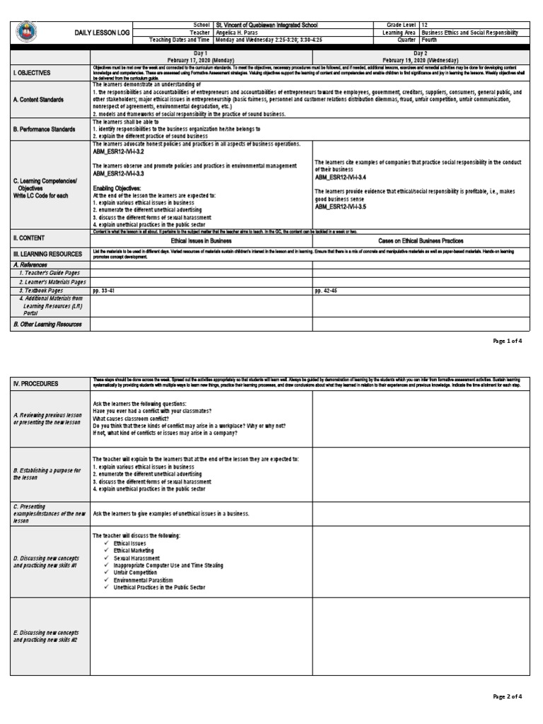Grade 12 Business Ethics Guide | PDF | Learning | Business Ethics