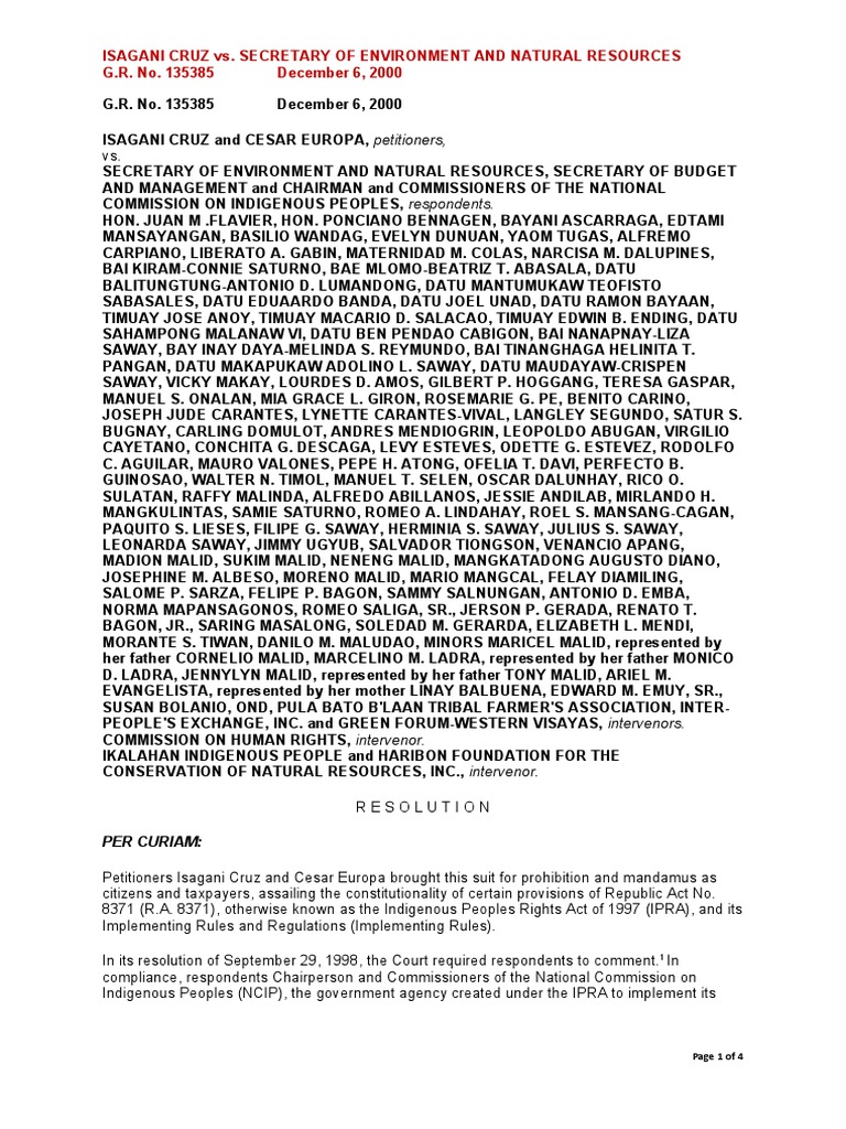 Isagani Cruz vs. Secretary of DENR, G.R. No. 135385, December 6, 2000 ...