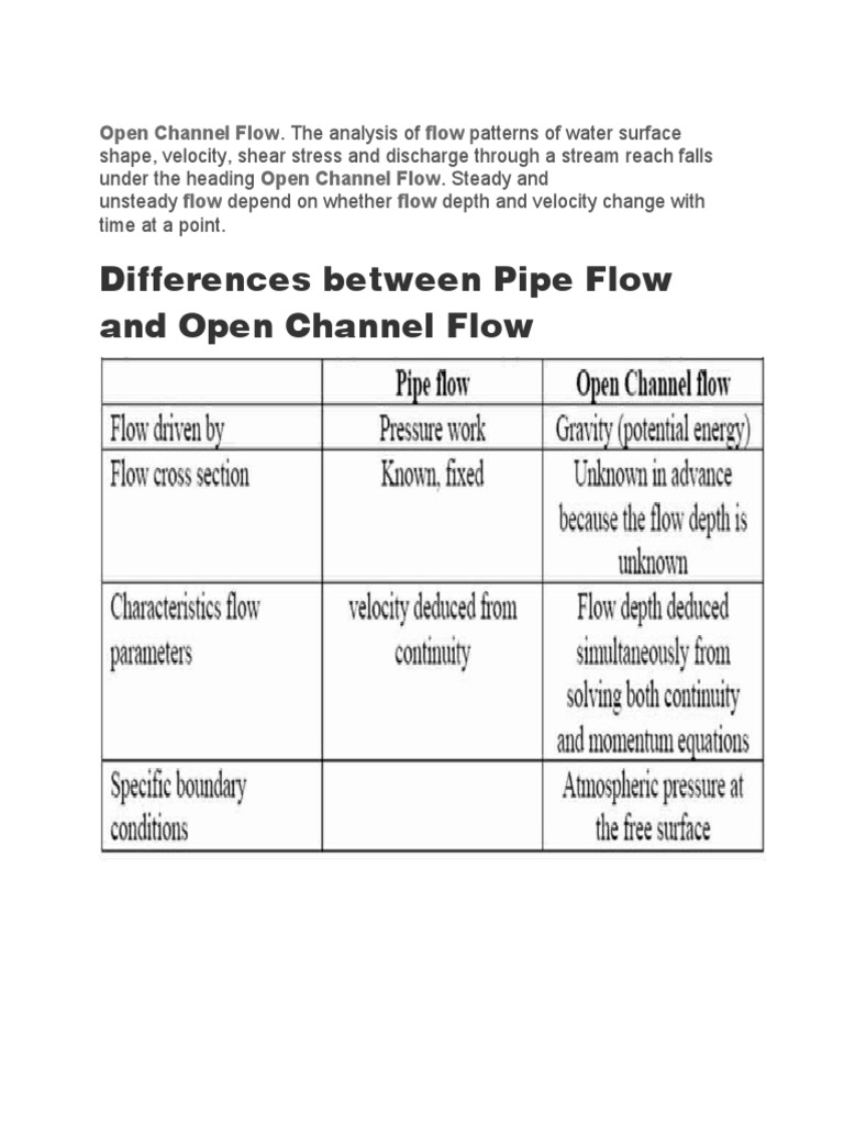 Differences Between Pipe Flow and Open Channel Flow | PDF | Mechanics ... Differences Between Pipe Flow and Open Channel Flow | PDF | Mechanics ...
