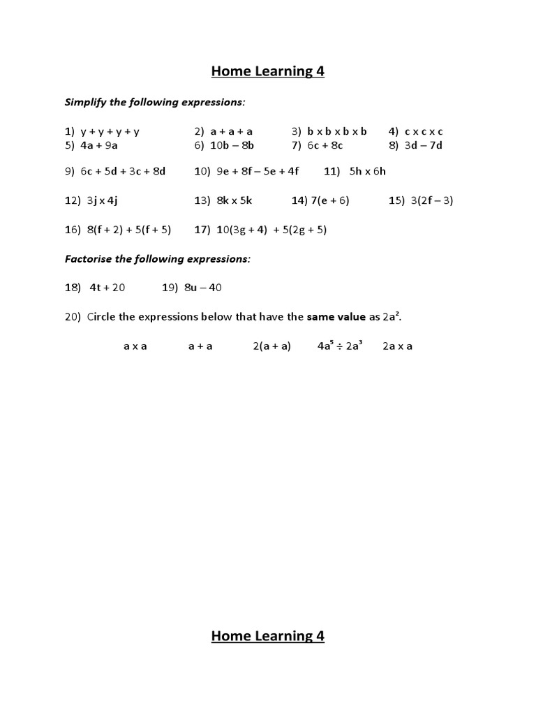 Simplifying Algebra Home Learning Easier | PDF