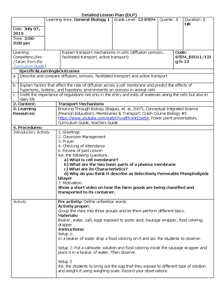 Cell Transport Mechanisms Lesson Plan | PDF | Osmosis | Cell Membrane