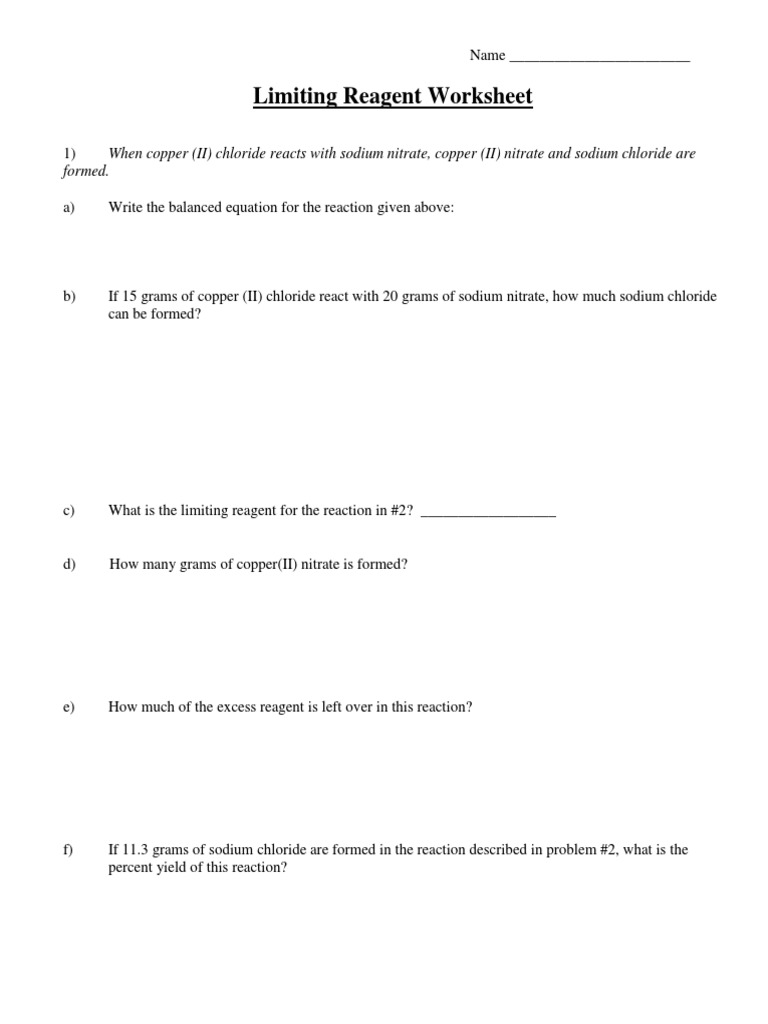 Limiting Reagent Worksheet No Answers | PDF | Chemical Reactions | Oxide