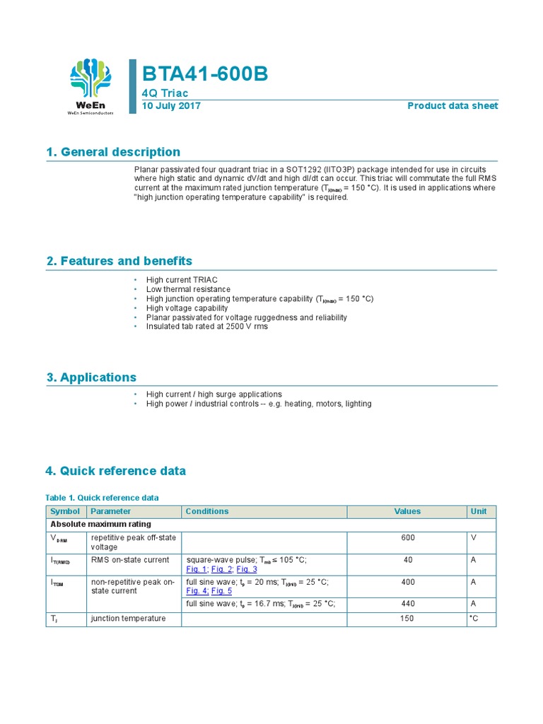 Datasheet BTA41-600B | PDF | Damages | Specification (Technical Standard)