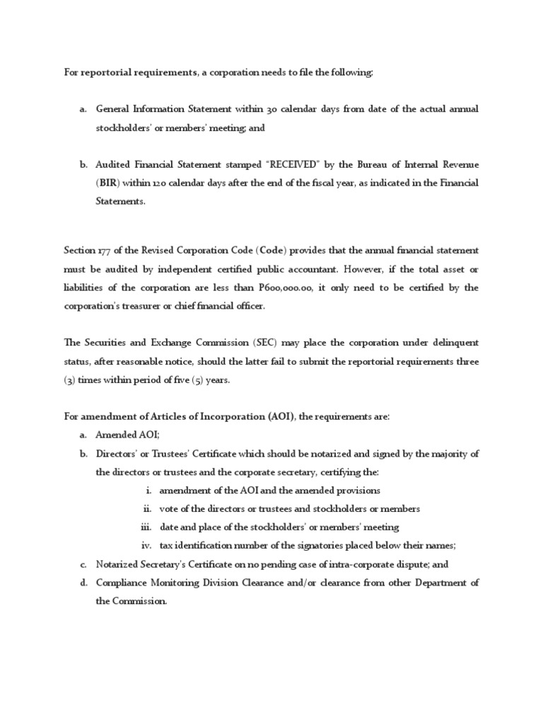Reportorial Requirements | PDF | Board Of Directors | Corporations