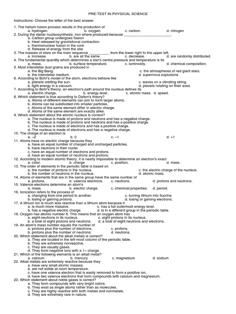 Pre-Test Physci PDF | PDF | Ion | Atoms