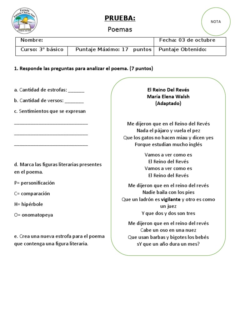Prueba de Lenguaje Poemas | PDF