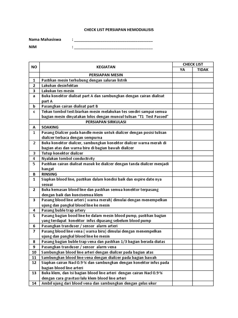 Check List Persiapan Hemodialisis | PDF