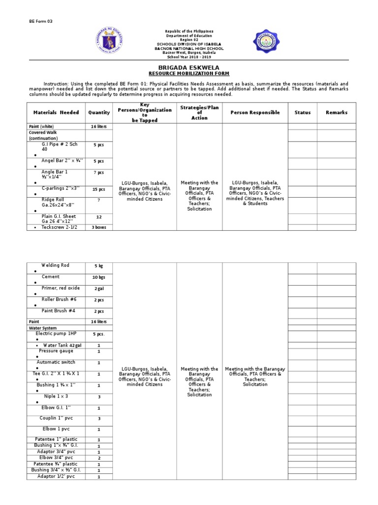 BE Form 3 - RESOURCE MOBILIZATION FORM | PDF | Building Engineering | Building Materials