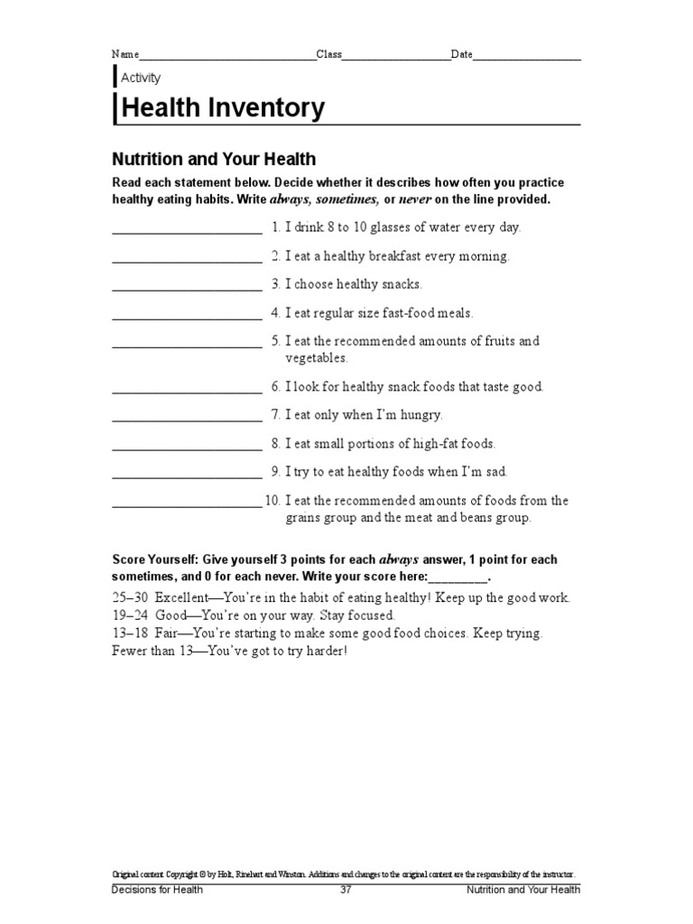 7th Grade Health Inventory CH 5 | PDF | Self-Improvement | Wellness