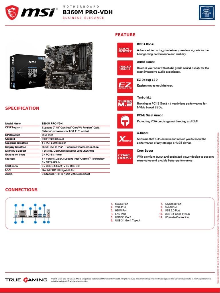 Msi b360m Pro VDH Datasheet | PDF | Usb | Manufactured Goods