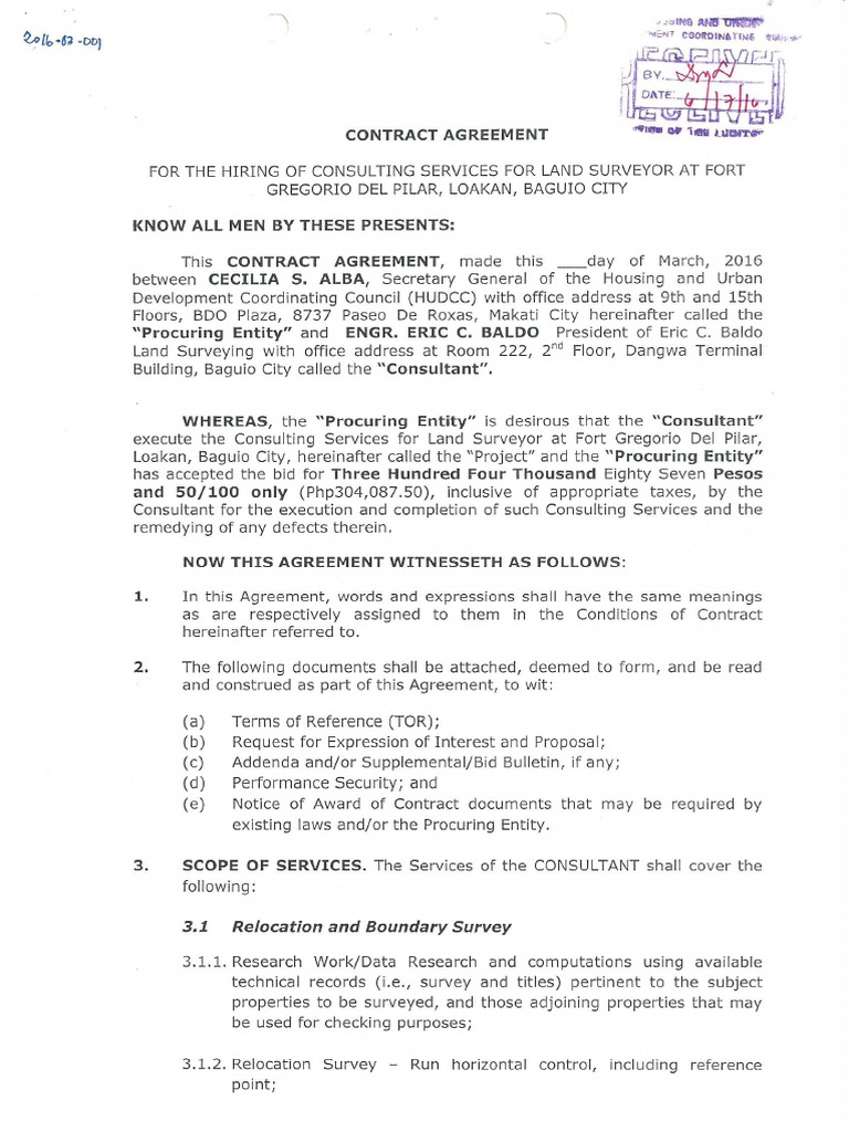 Contract of Agreement For Land Surveyor at Fort Gregorio Del Pilar ...