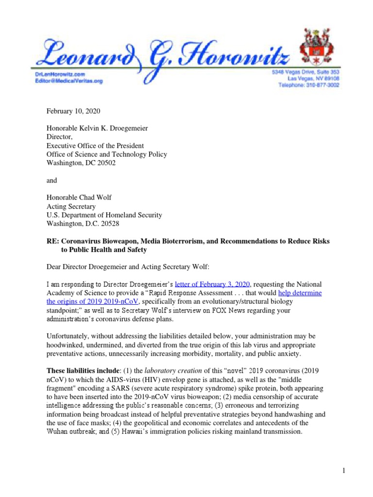 Letter to White House Officials Feb 10 2020 | Hiv/Aids | Bioterrorism ...