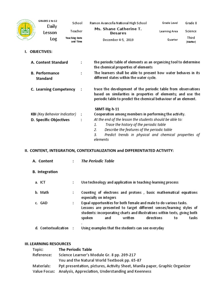 Lesson 7 - Periodic Table | PDF | Periodic Table | Chemical Elements