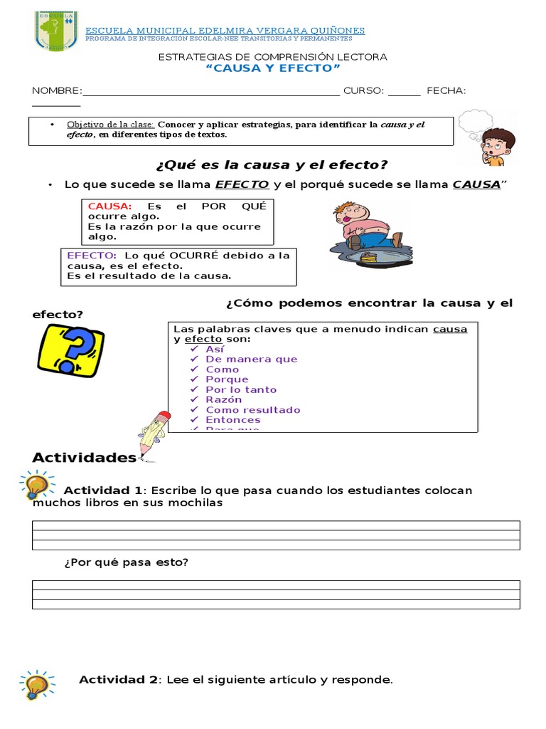 Guia Causa y Efecto ESTRATEGIA COMPRENSION LECTORA | PDF | Artes del ...