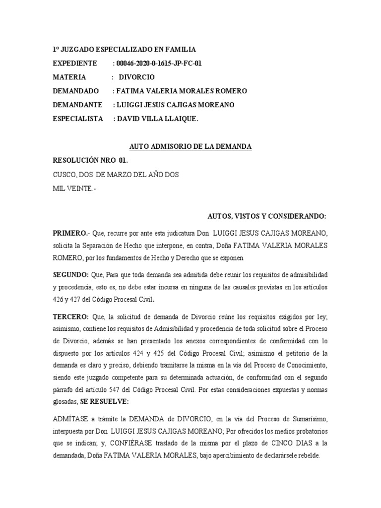 Auto Admisorio-Divorcio | PDF