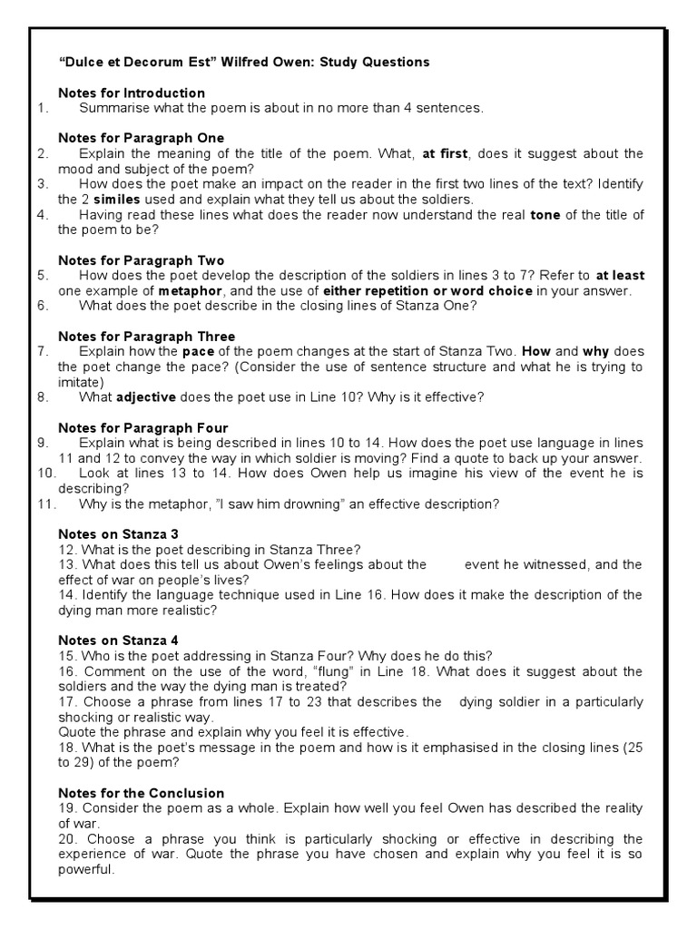 Dulce Et Decorum Est Questions | PDF | Poetry | Cognition