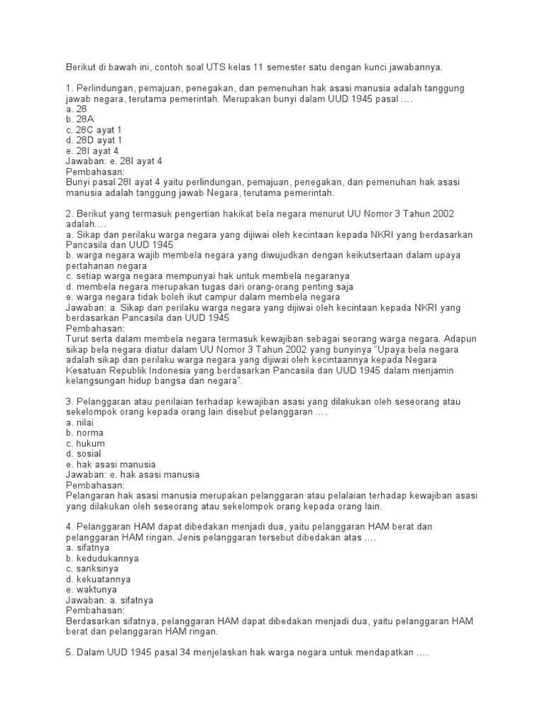 Soal Uts Semester 1 Kelas Xi Tahun 2019 PKN | PDF