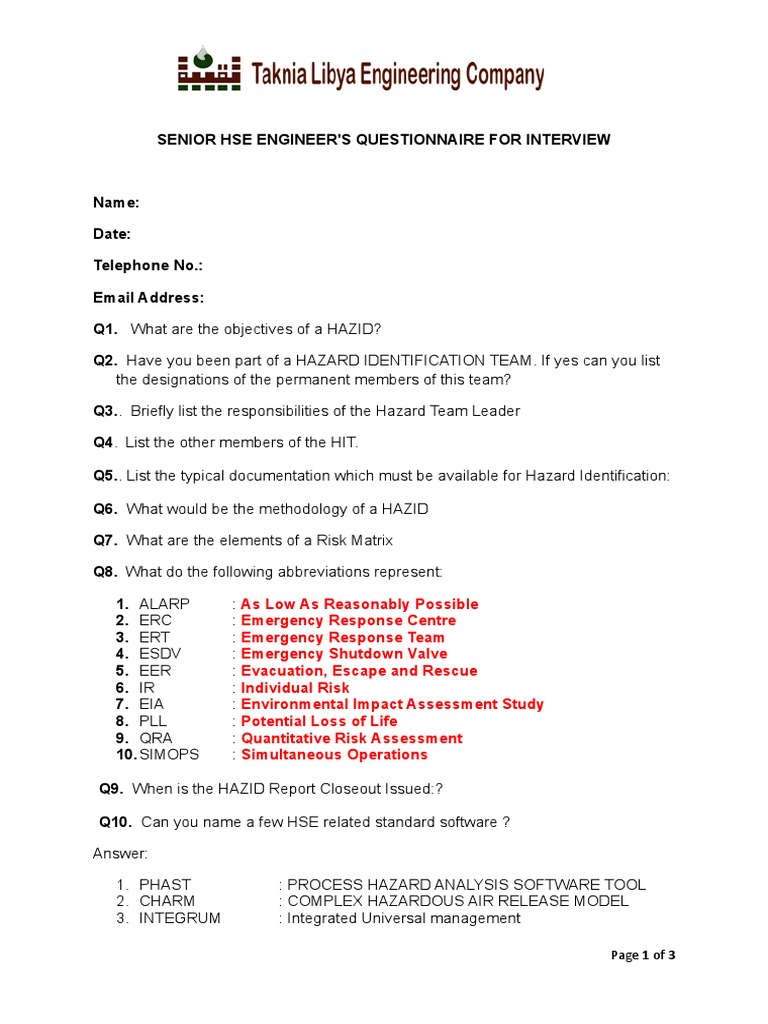 SENIOR HSE ENGINEER'S INTERVIEW QUESTIONNAIRE Rev01 | PDF | Risk | Safety