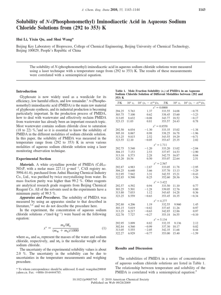 Solubility of PMIDA in NaCl | PDF | Chloride | Solubility