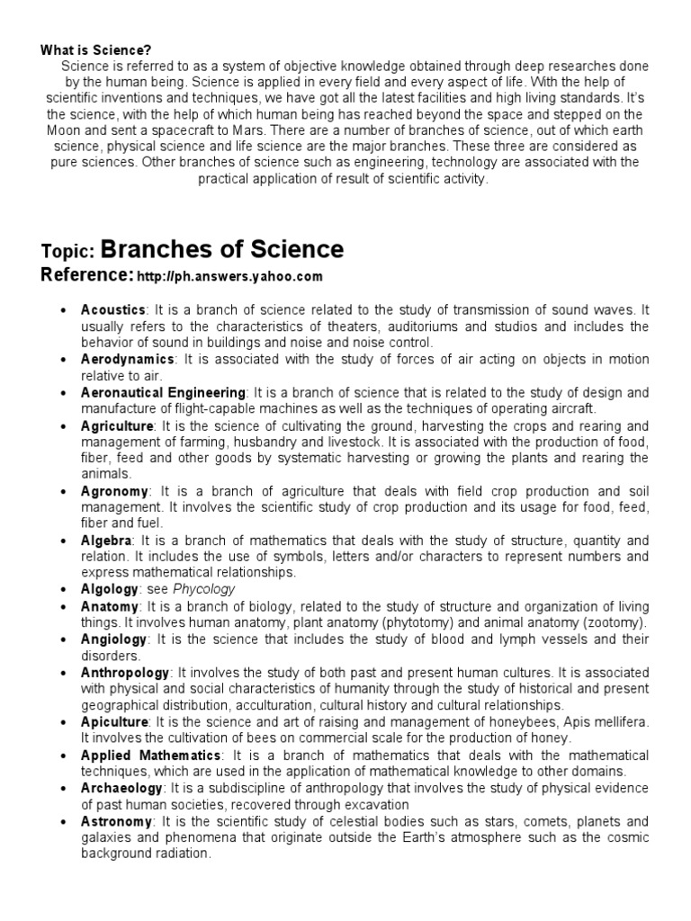 Branches of Science: Topic: Reference | PDF | Experiment | Vitamin