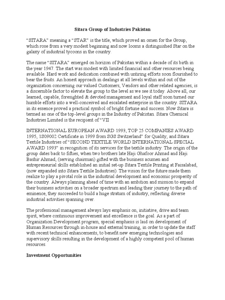 Sitara Group of Industries Pakistan | PDF | Forecasting | Textiles