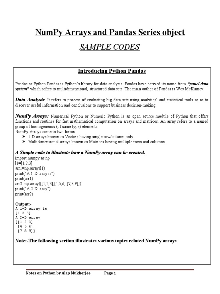 Numpy Arrays And Pandas Series Object Pdf Computer Programming Areas Of Computer Science