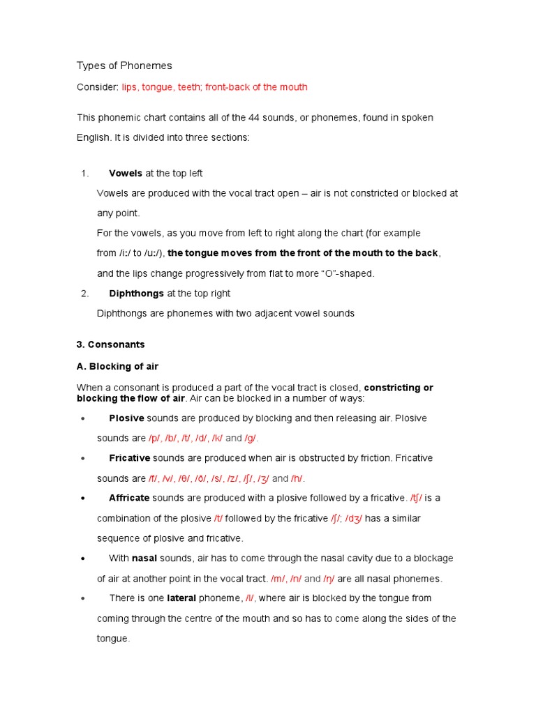 Types of Phonemes Definitions PDF | PDF | Consonant | Human Throat