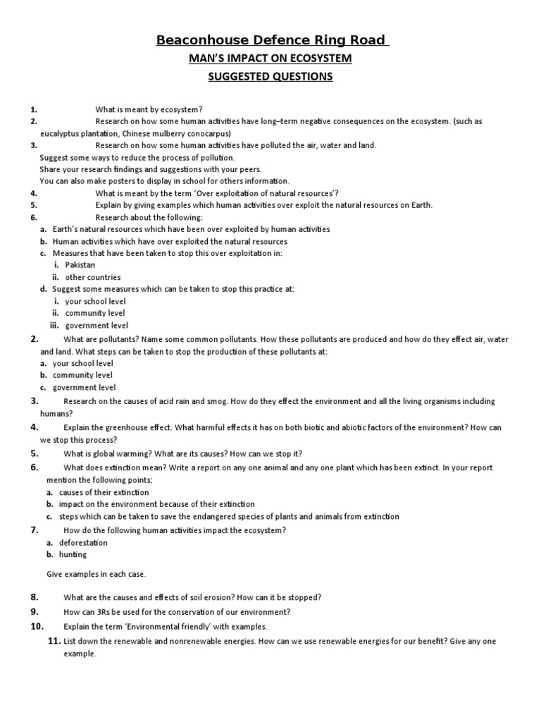 Suggested Questions - Man's Impact On Ecosystem | PDF | Human Impact On ...