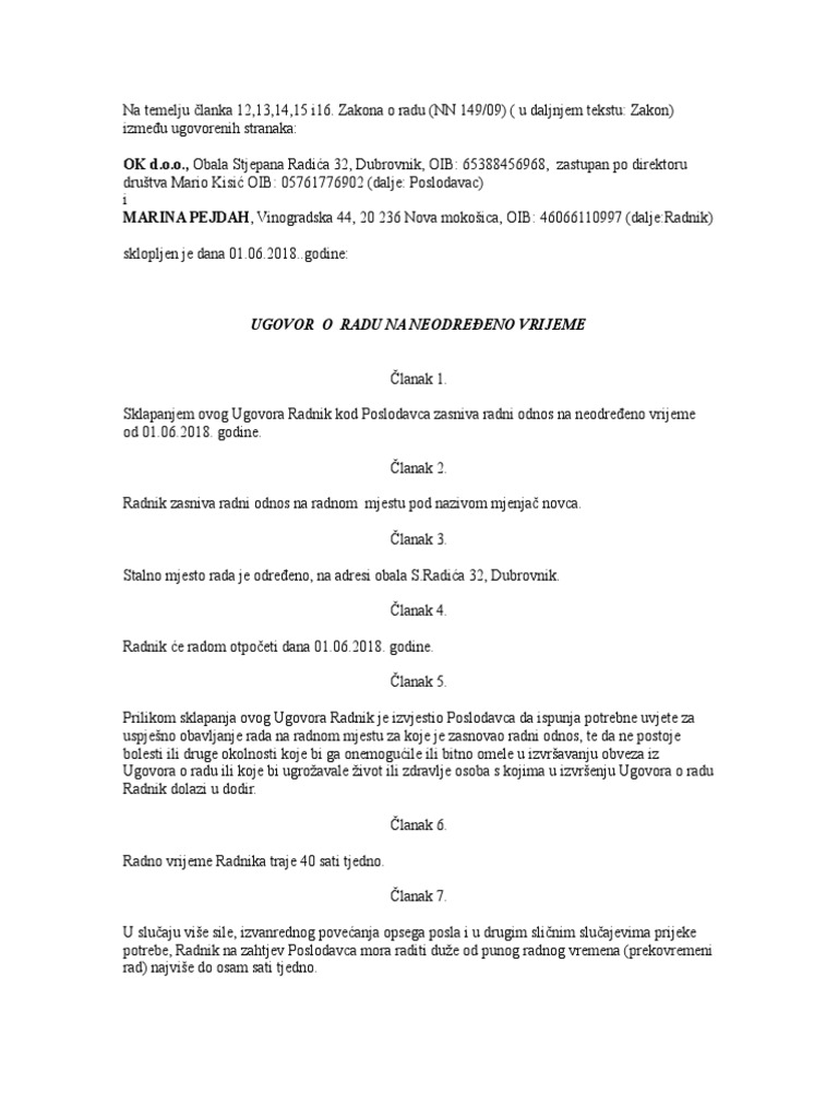 Ugovor o Radu - MARINA - 01 06 2018 - Neodređeno | PDF