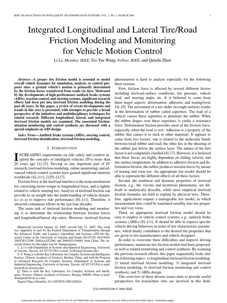 Integrated Longitudinal and Lateral Tire Road Friction Modeling and ...