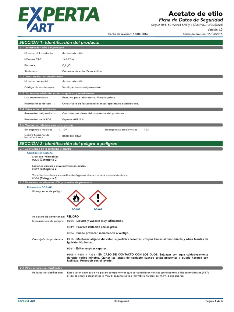 Ficha de Seguridad del Acetato de Etilo | PDF | Administración de ...