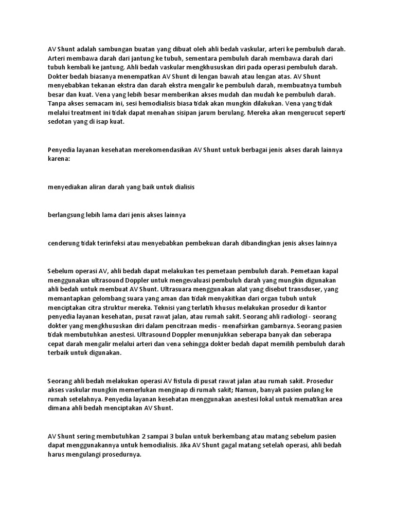 Prosedur dan Manfaat AV Shunt | PDF | Kesehatan Holistik