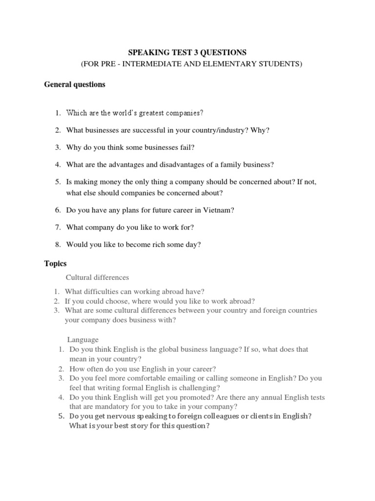 Pre-Intermediate Business Speaking Questions | PDF | English Language ...
